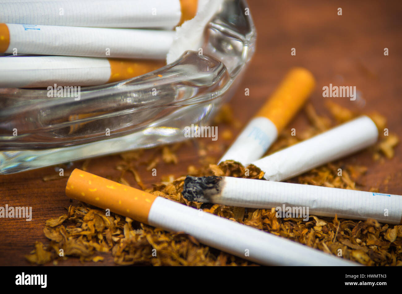 Closeup cigarettes and tobacco lying inside and around glass ash tray ...