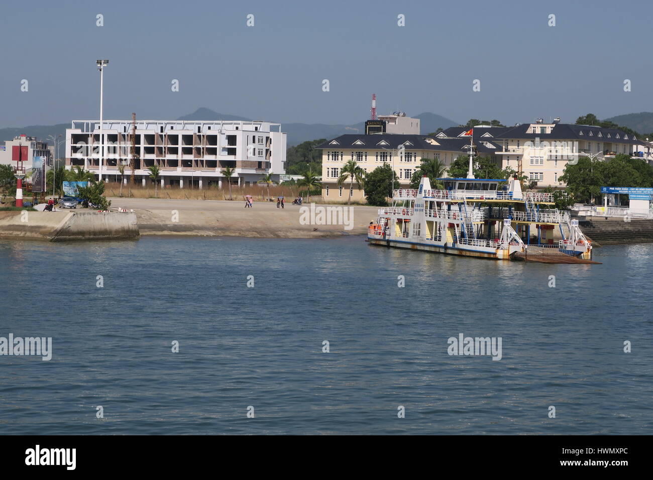 Ships in a port for maritime transport to famous Halong bay, Vietnam ...