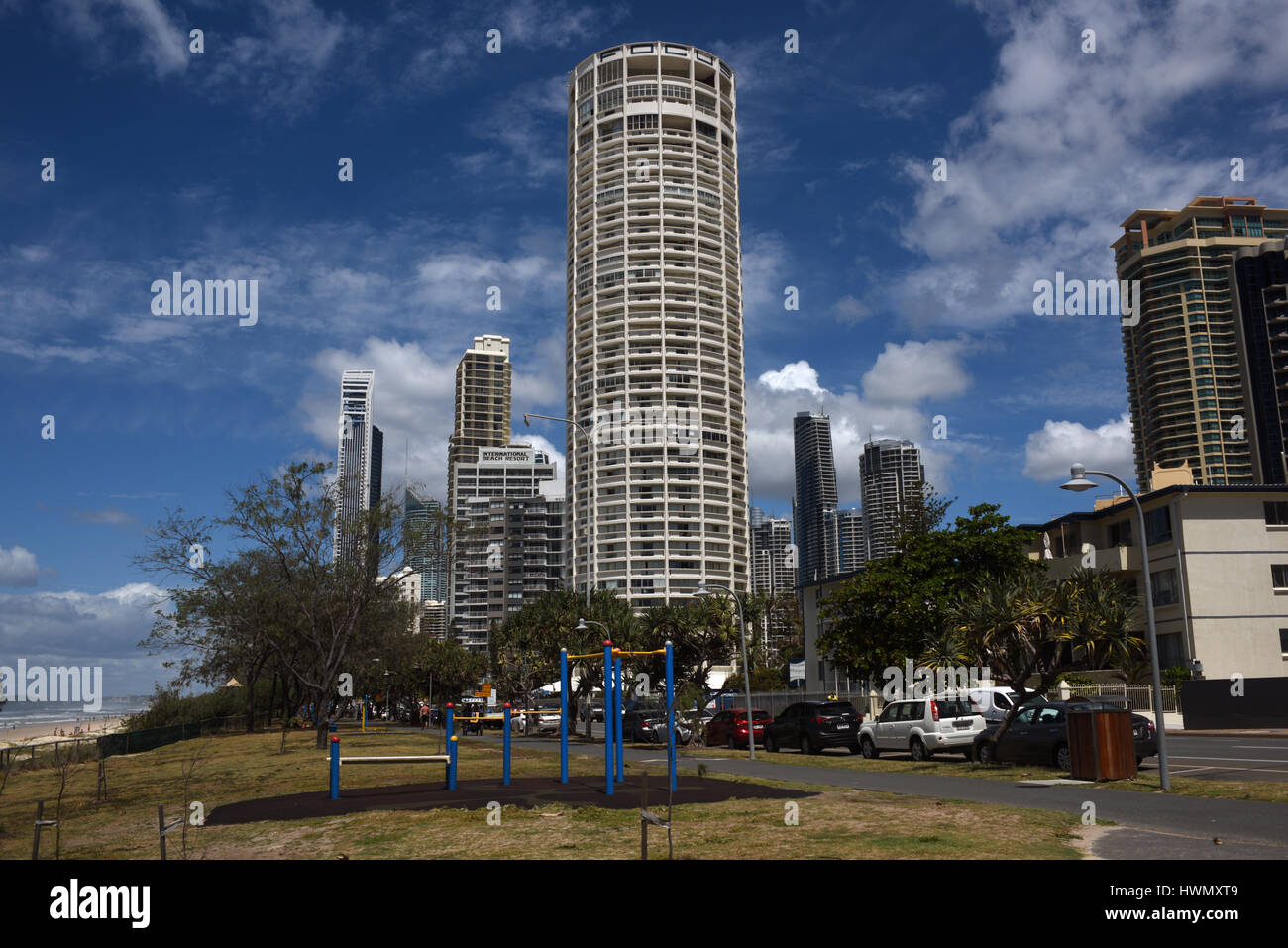 High rise resorts seen from the beachfront park at Surfers Paradise ...