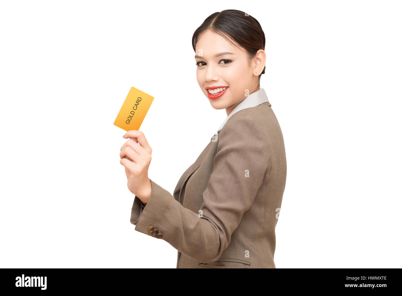 Smiling business woman show credit card.Isolated on white background ...