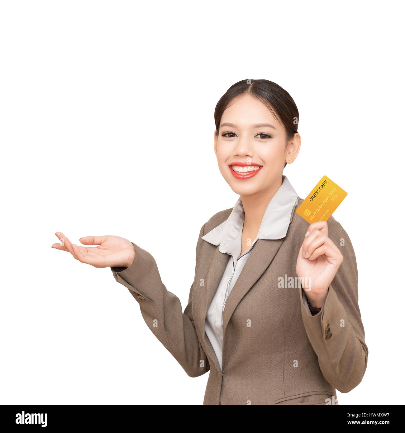 Smiling business woman show credit card.Isolated on white background ...