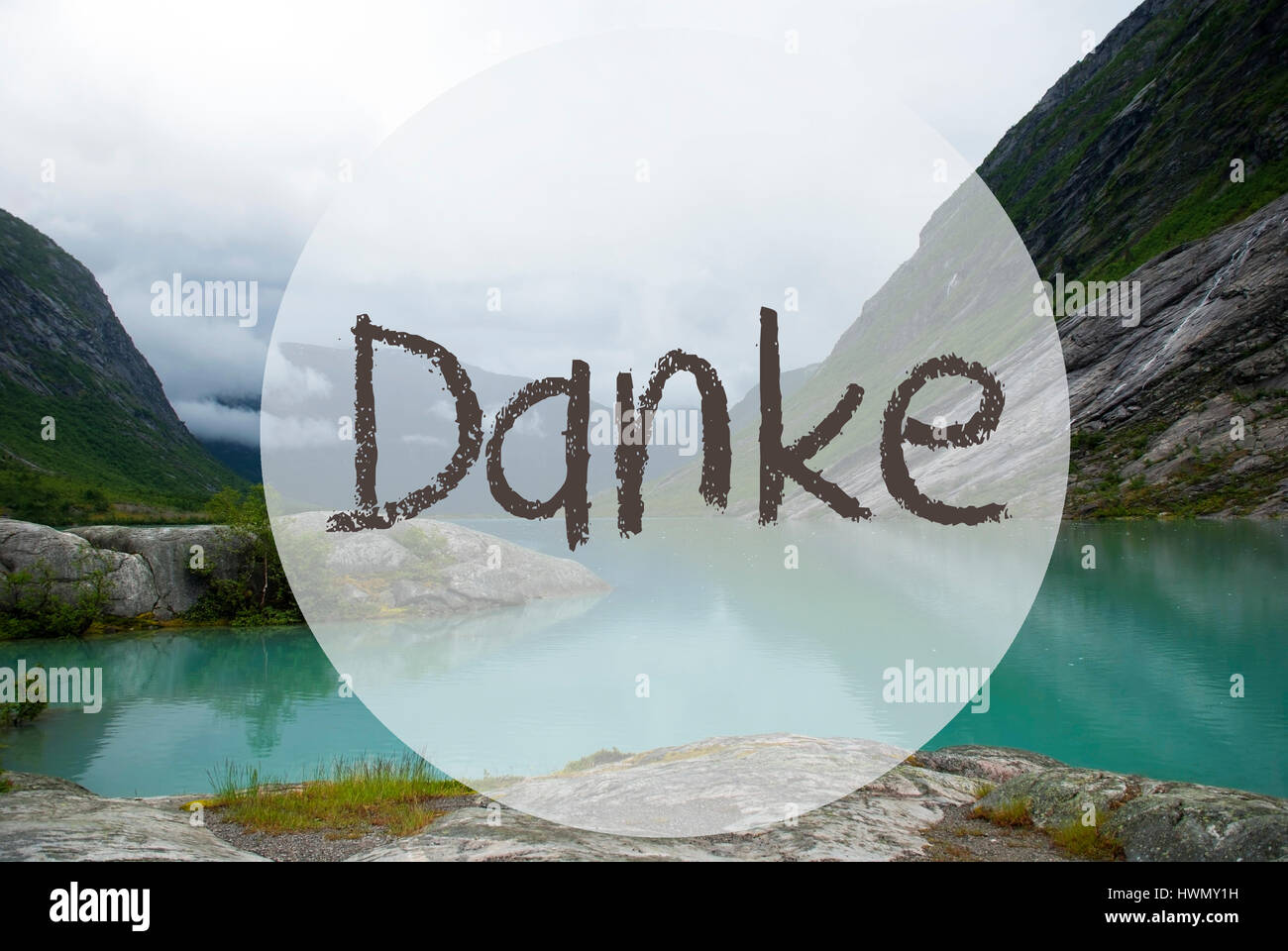 Lake With Mountains, Norway, Danke Means Thank You Stock Photo - Alamy