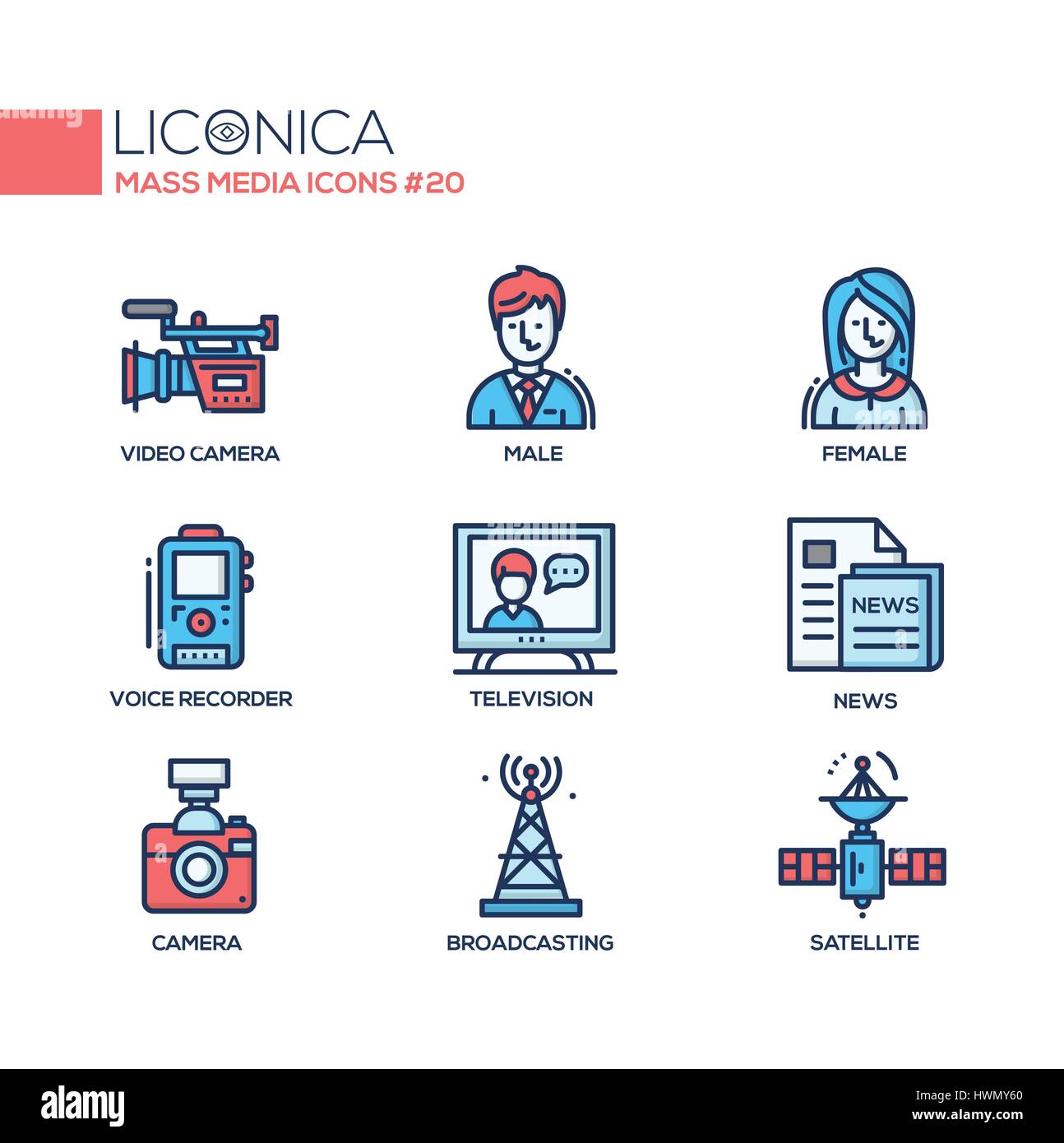 Mass Media - coloured modern single line icons set Stock Vector Image ...