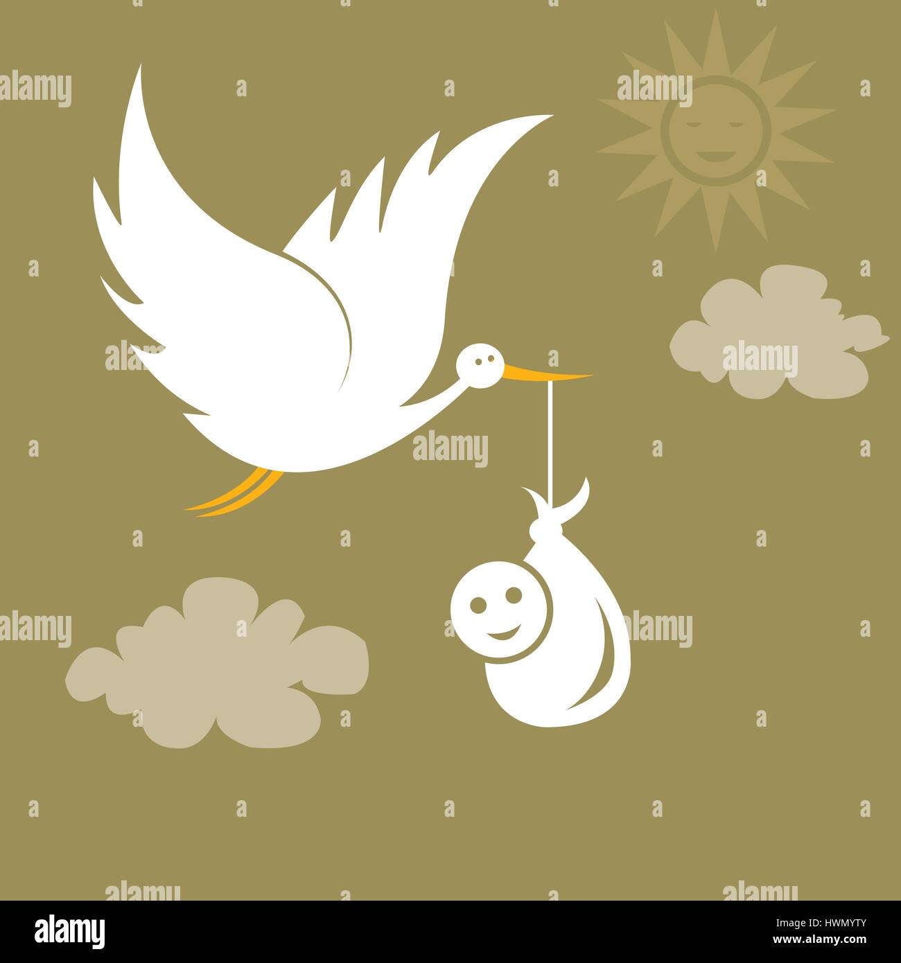 Stork carrying a cute baby. Child delivery by a white stork Stock ...