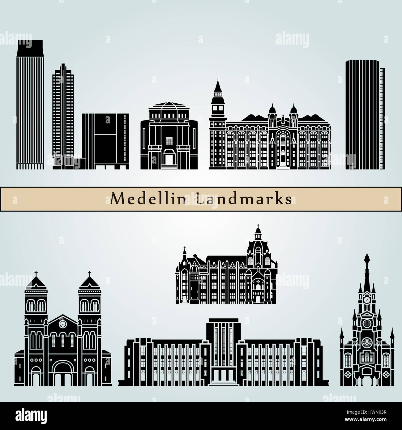 Medellin landmarks and monuments isolated on blue background in ...