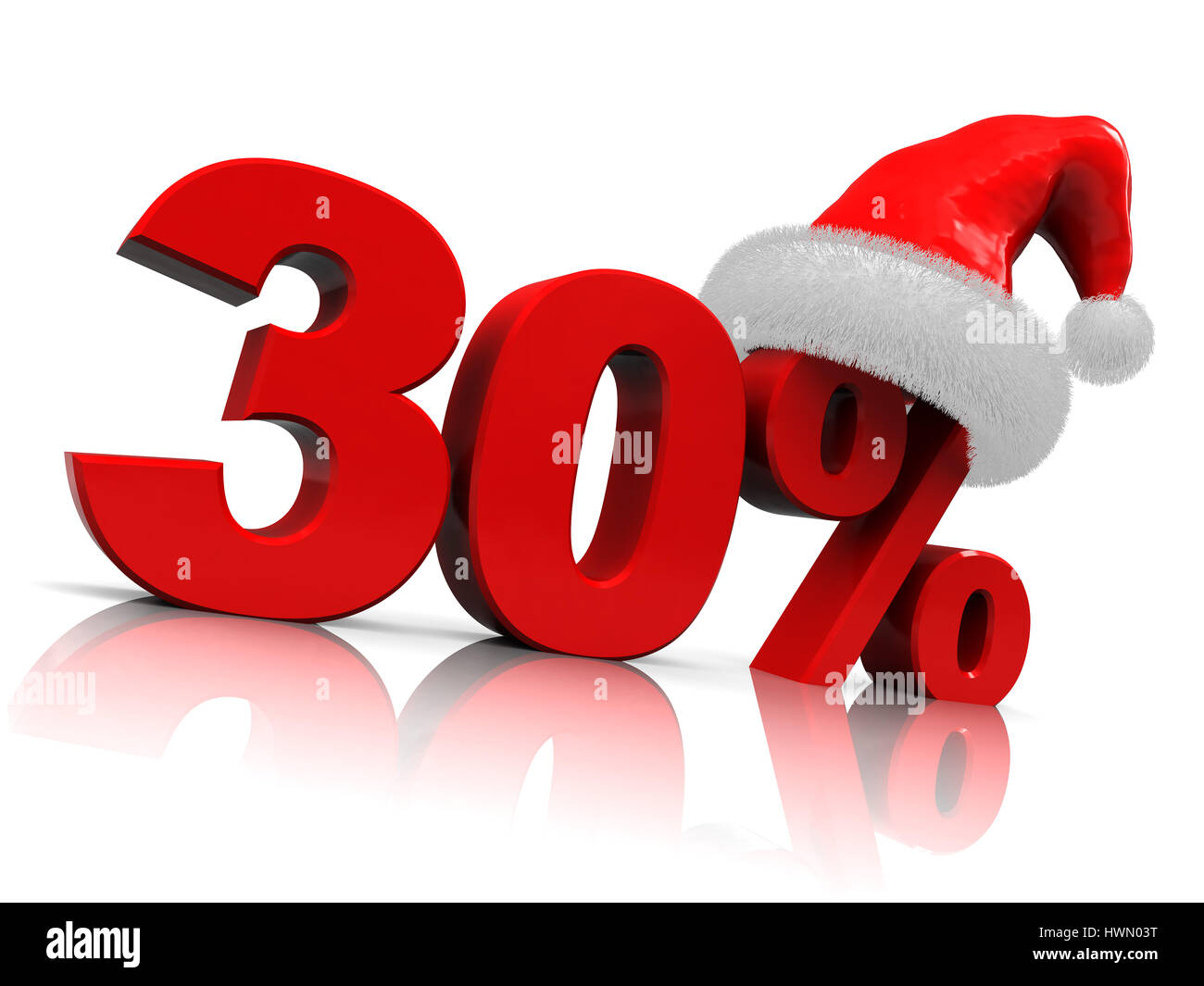3d illustration of thirty percent sign with red christmas hat Stock ...