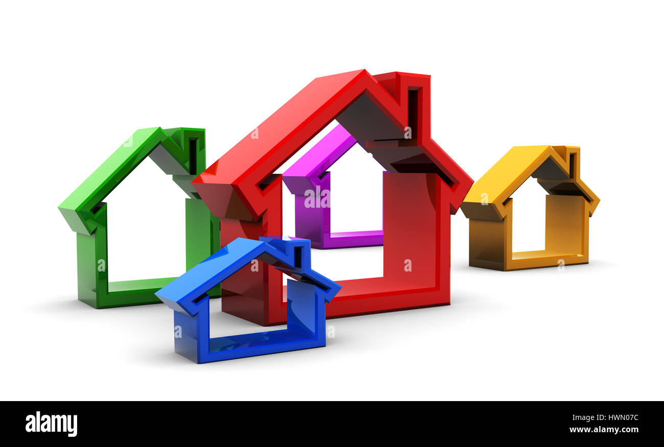 abstract 3d illustration of colorful houses symbols, over white ...