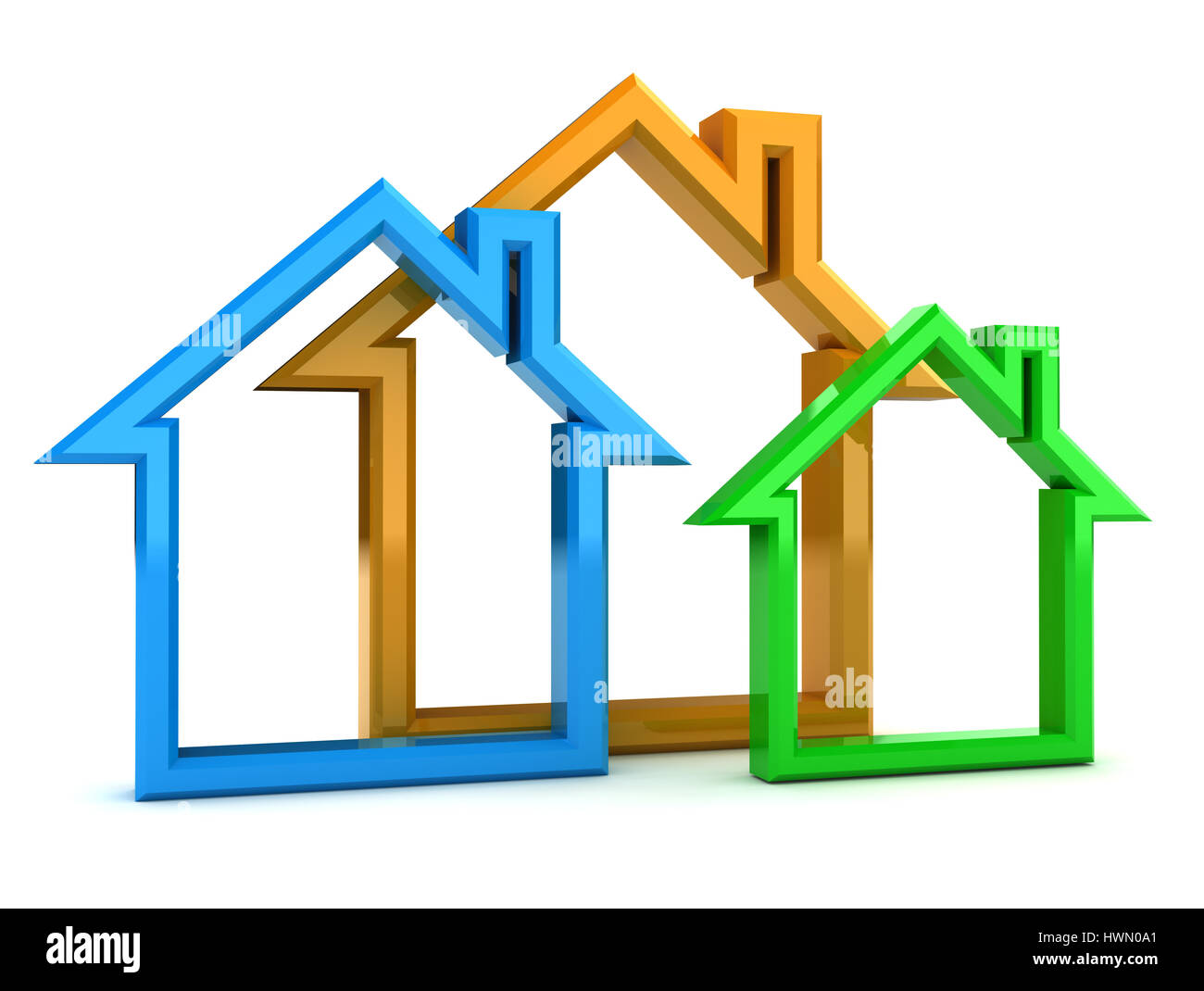 3d illustration of three house symbols over white background Stock ...