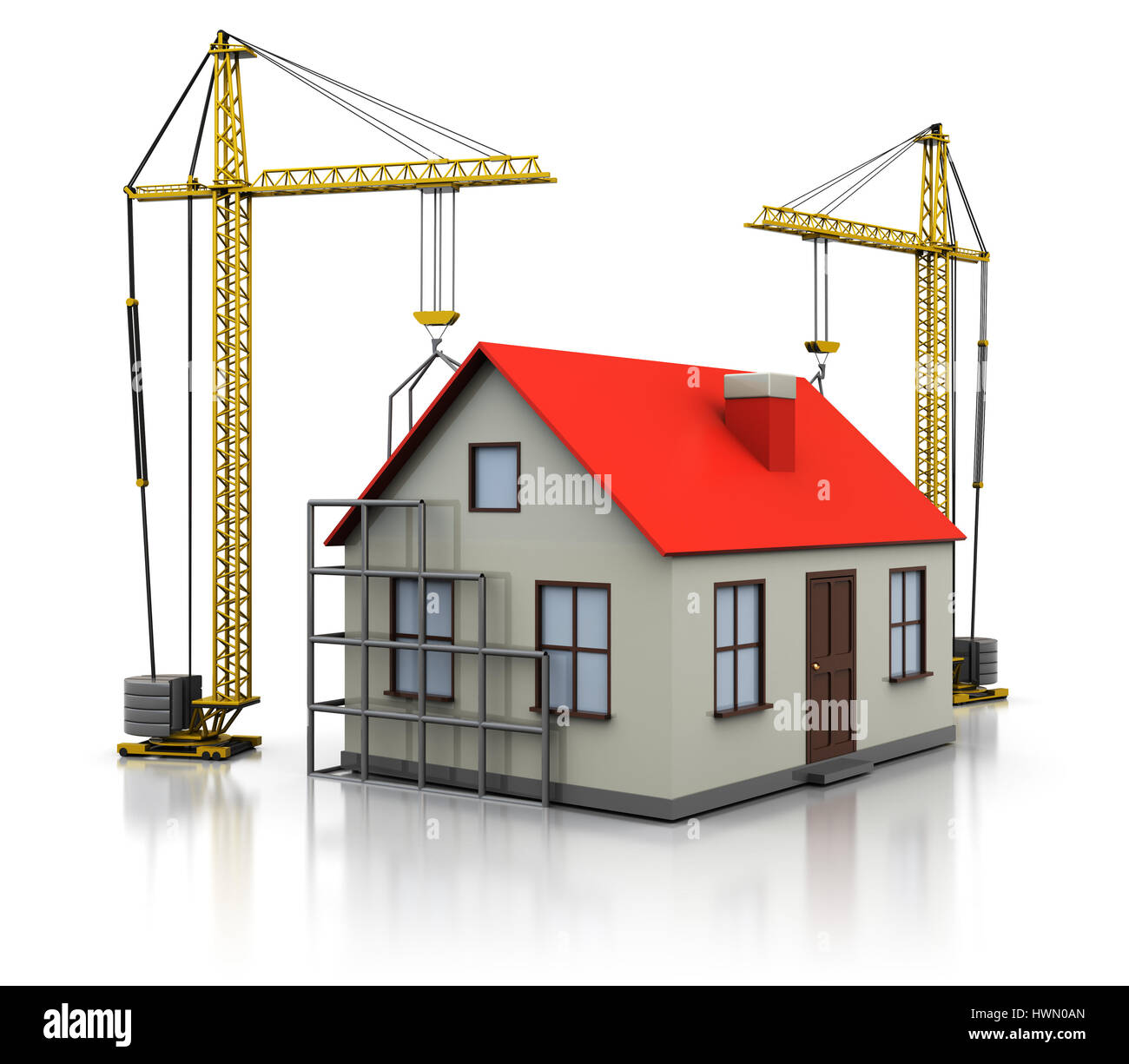 3d illustration of two cranes building house, over white background ...