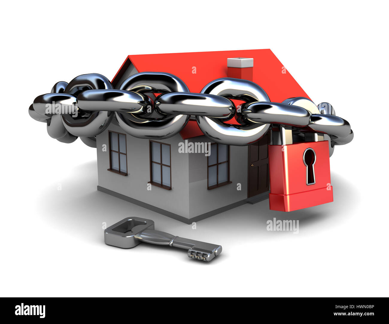 abstract 3d illustration of generic house locked by chain Stock Photo ...