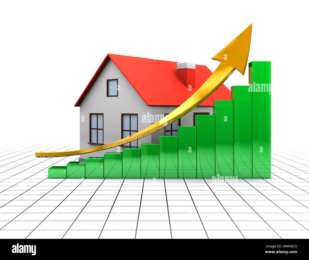 abstract 3d illustration of house with raising charts over white ...