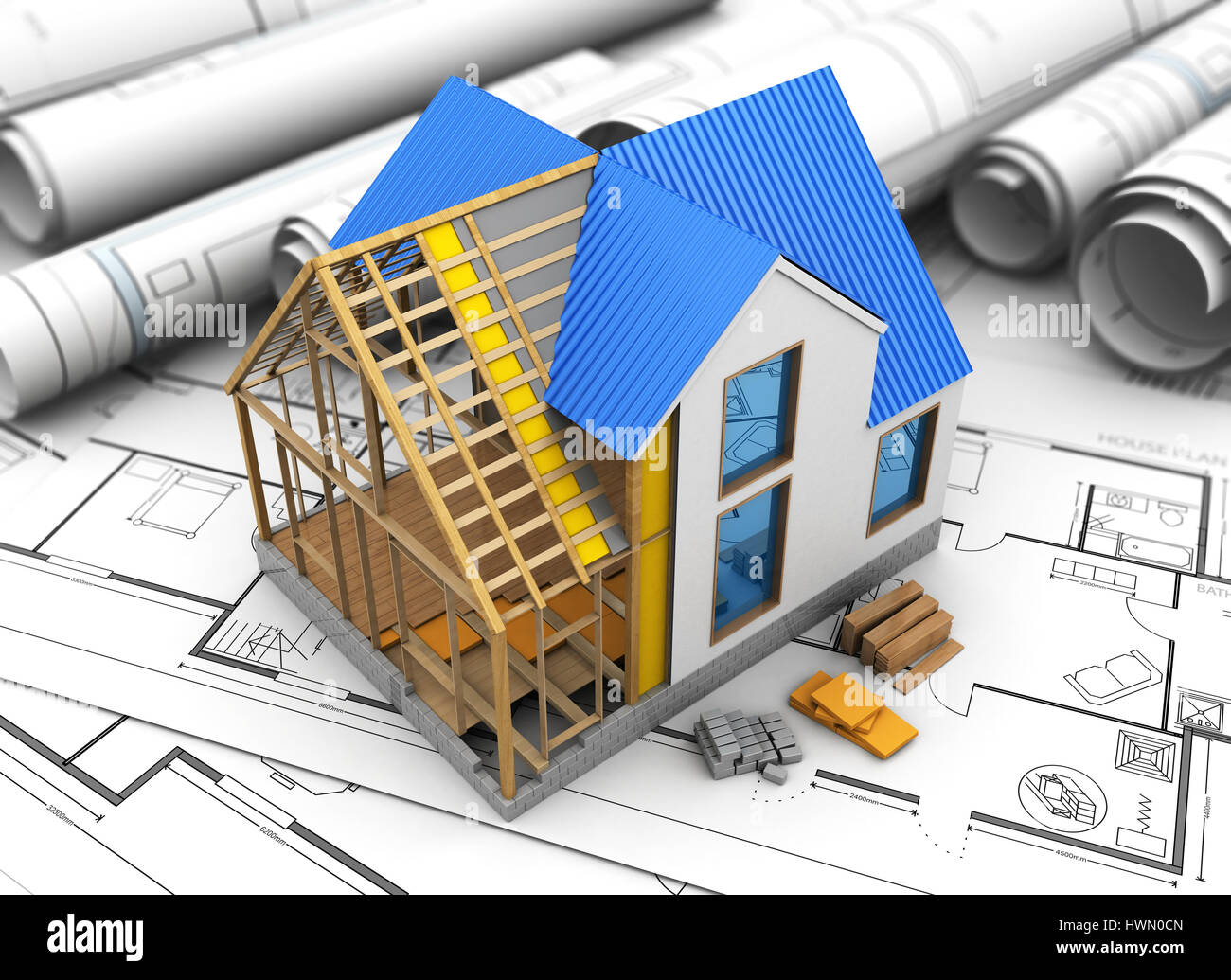 3d illustration of house structure model over blueprints background ...