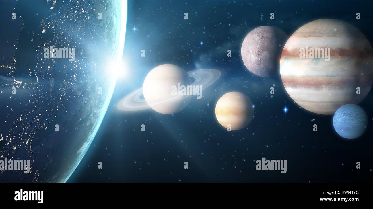 Graphic image of solar system against illuminated planet earth seen ...