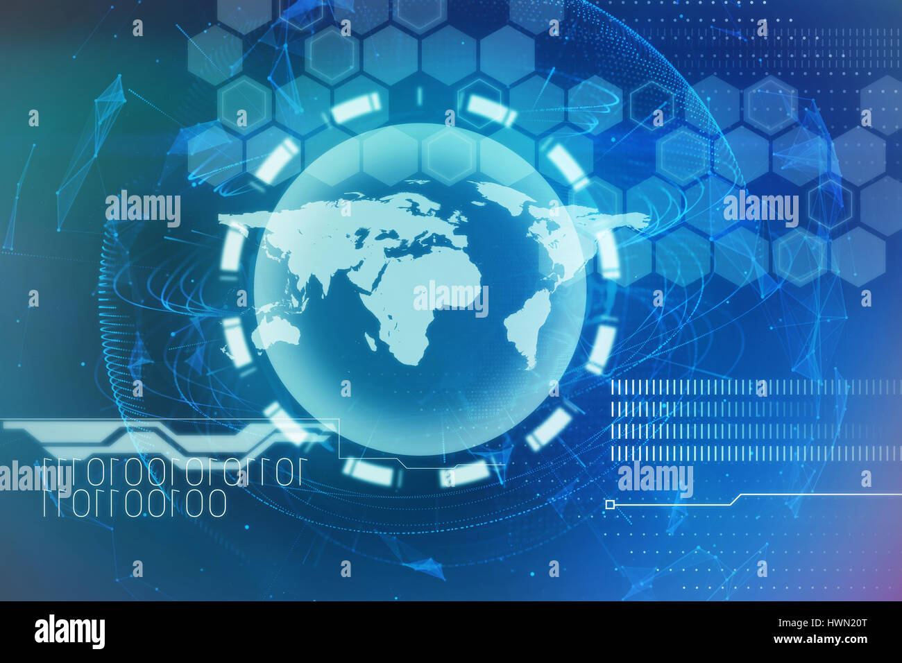 interface against global technology background in purple Stock Photo ...