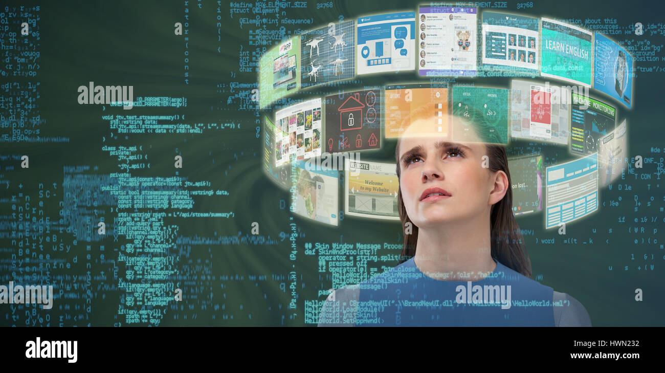 Low angle view of sad woman looking up against green background 3d ...