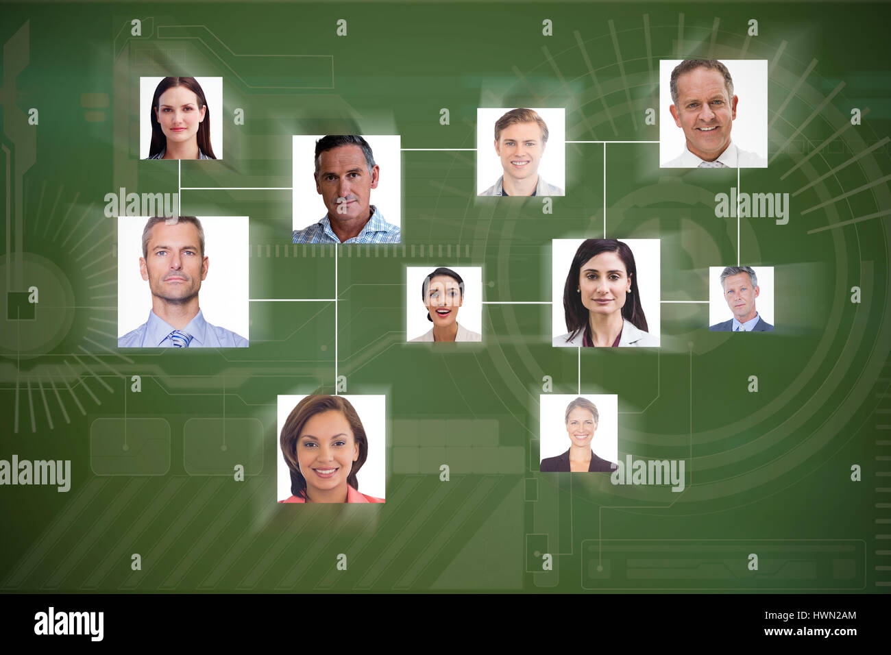 Connection between people against green background Stock Photo - Alamy