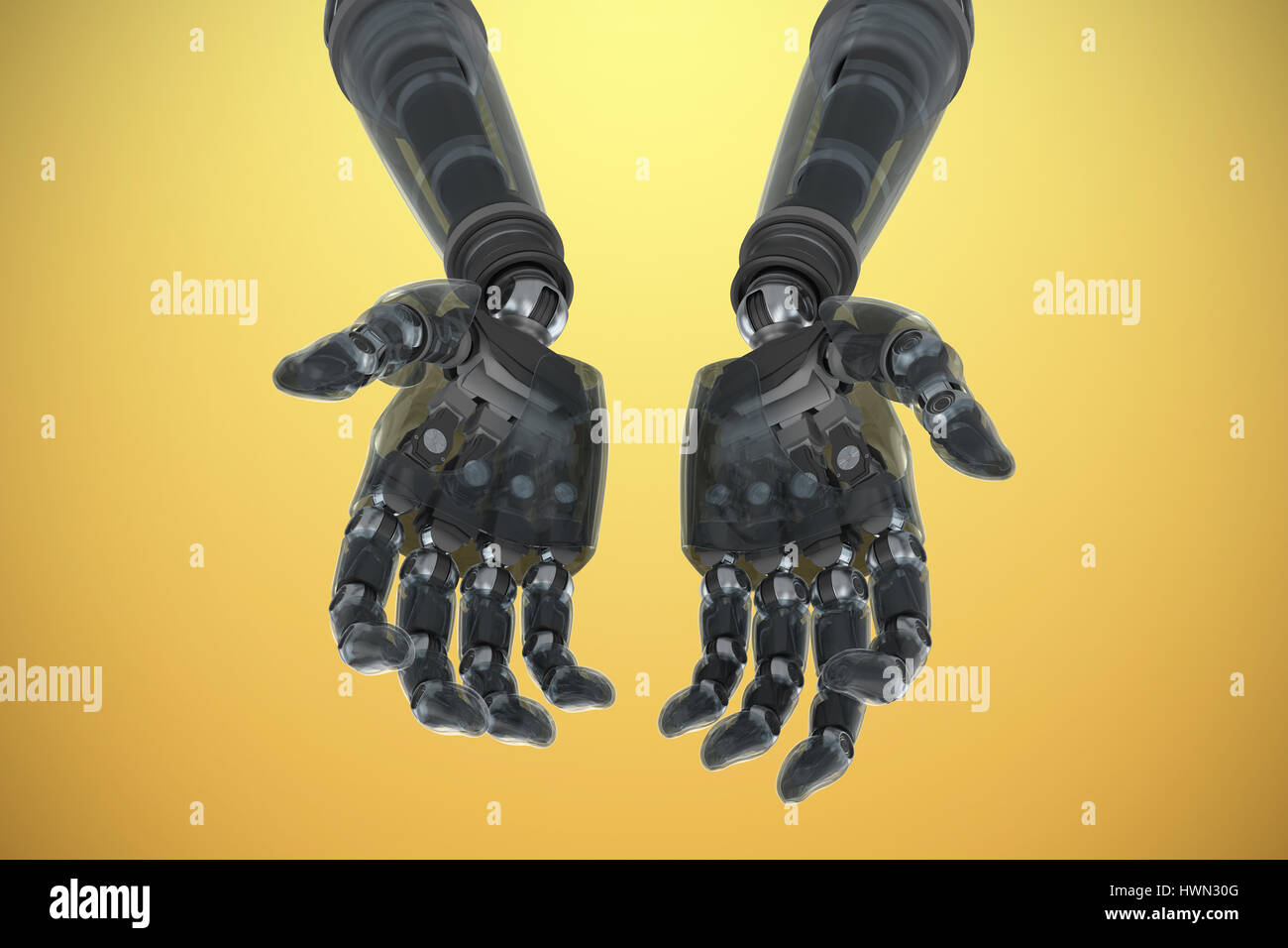 Robotic hands against yellow background Stock Photo - Alamy