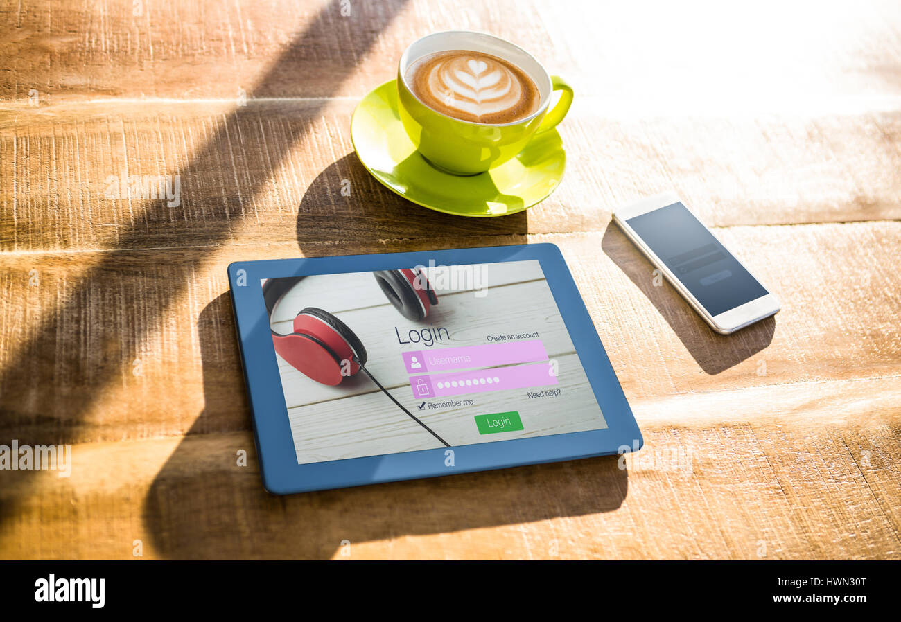 Close-up of login page against cup of coffee and tablet pc Stock Photo ...