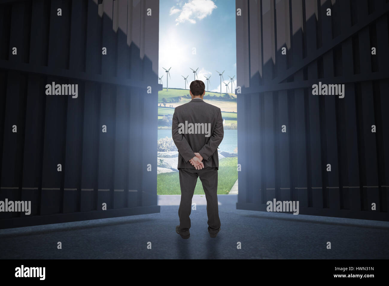 Rear view of classy businessman posing against scenic backdrop 3d Stock ...