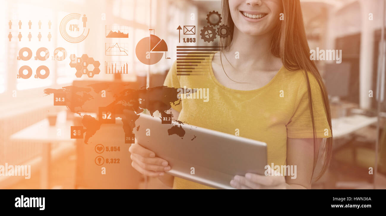 Global technology background against female business executive using ...