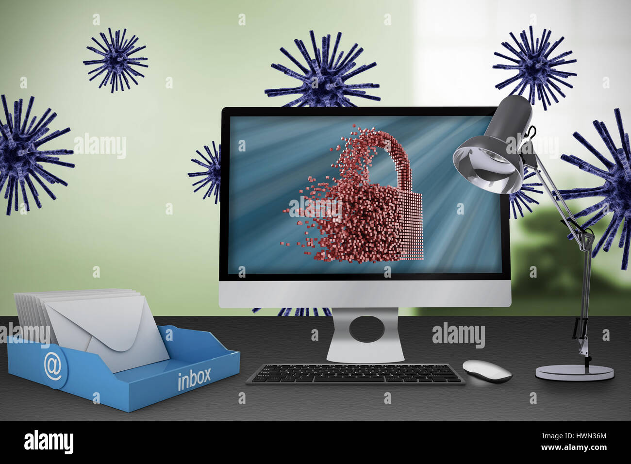 Digitally generated image of gray lock against interior of office 3d ...