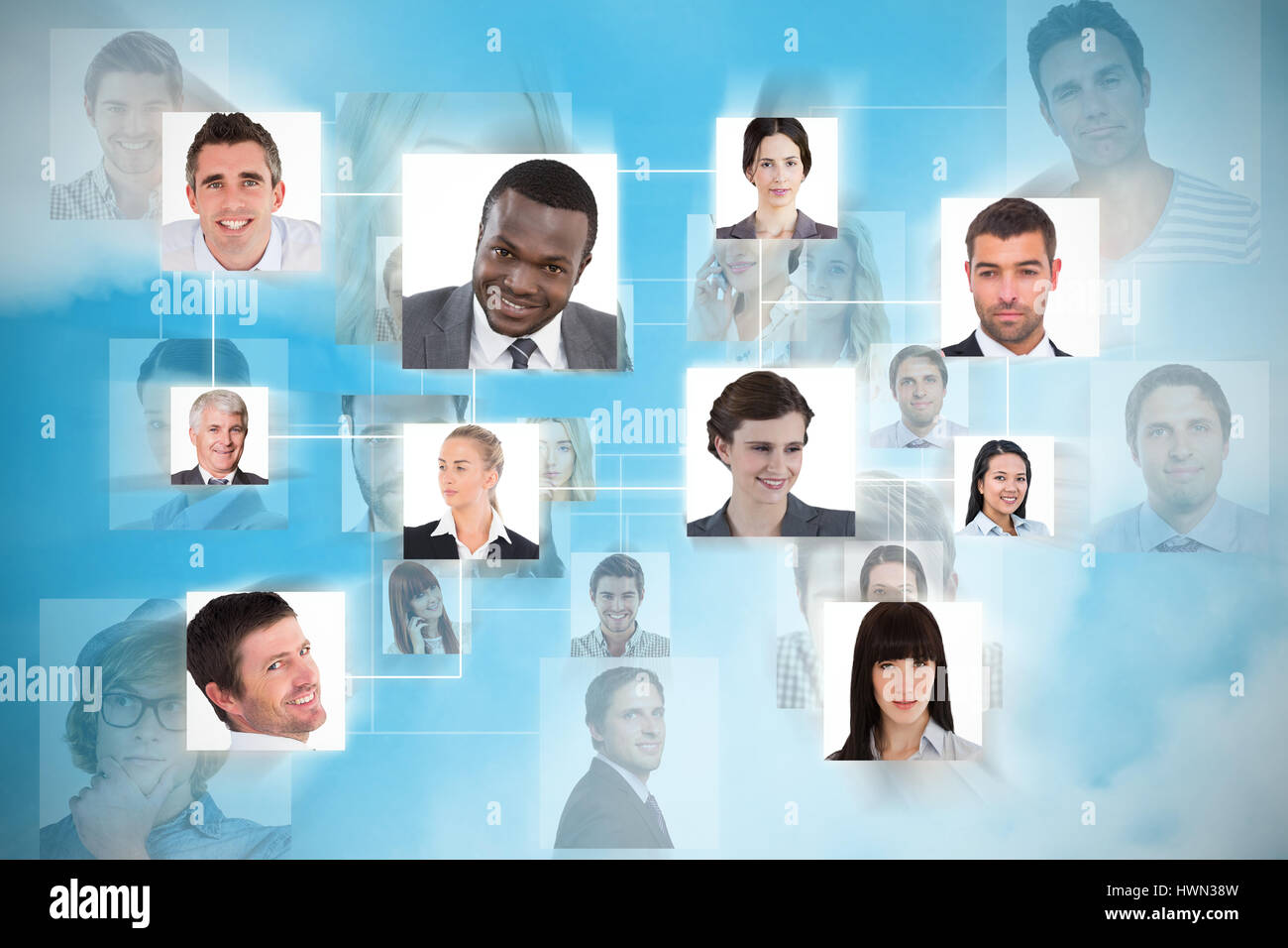 Connection between people against blue background Stock Photo - Alamy