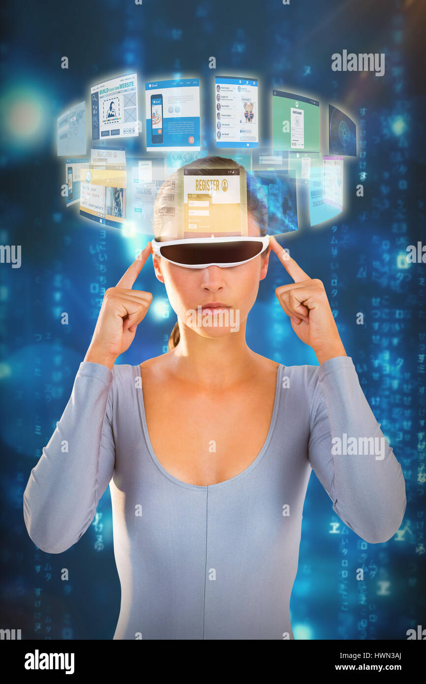 Woman using virtual video glasses against dark blue background 3d Stock ...