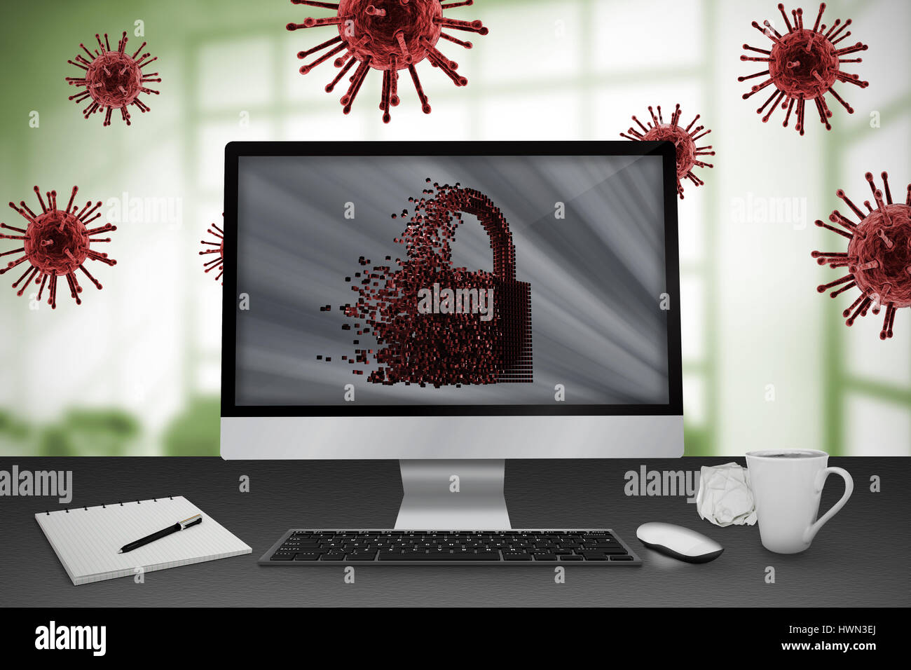 Digital image of black lock against interior of empty office 3d Stock ...