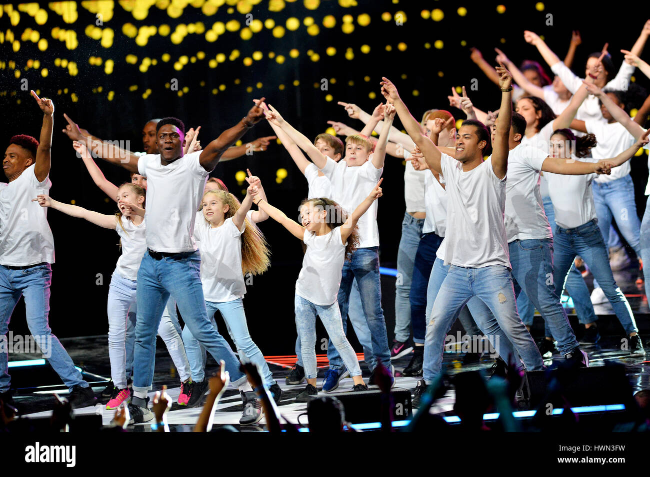 Performers on stage at the We Day UK charity event and concert, The SSE ...