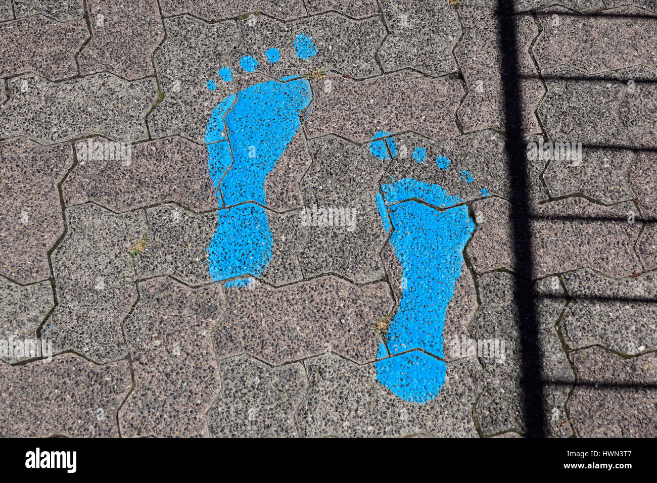 Blue footsteps drawn in playground rubber flooring Stock Photo - Alamy