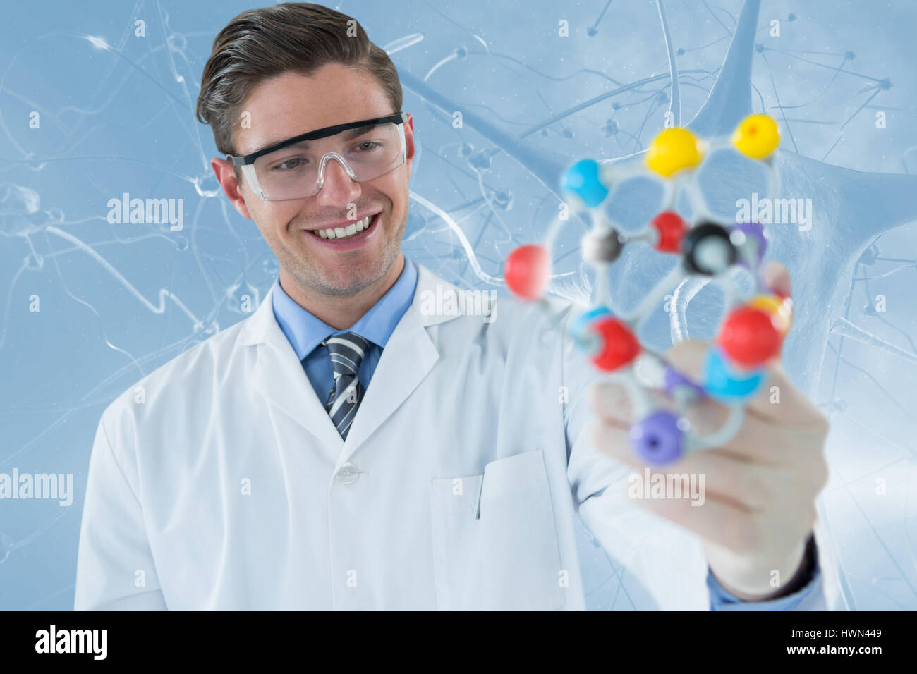 Happy scientist experimenting molecule structure against digitally ...