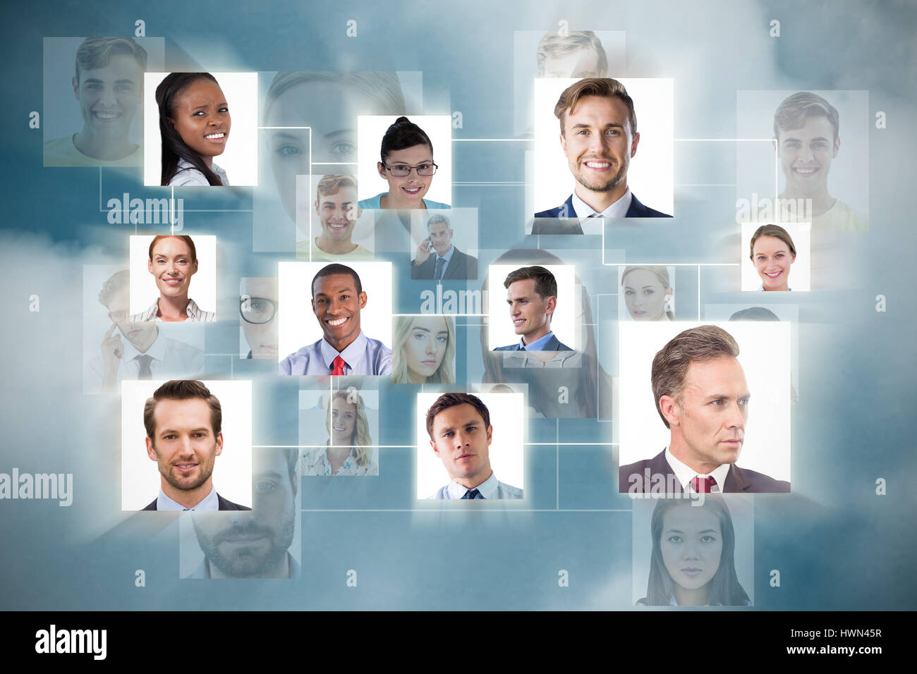 Connection between people against dark blue background Stock Photo - Alamy