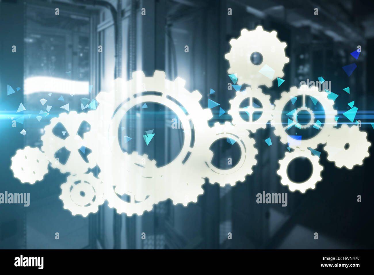 Cogs and wheels against technical screen with little pyramids 3d Stock ...