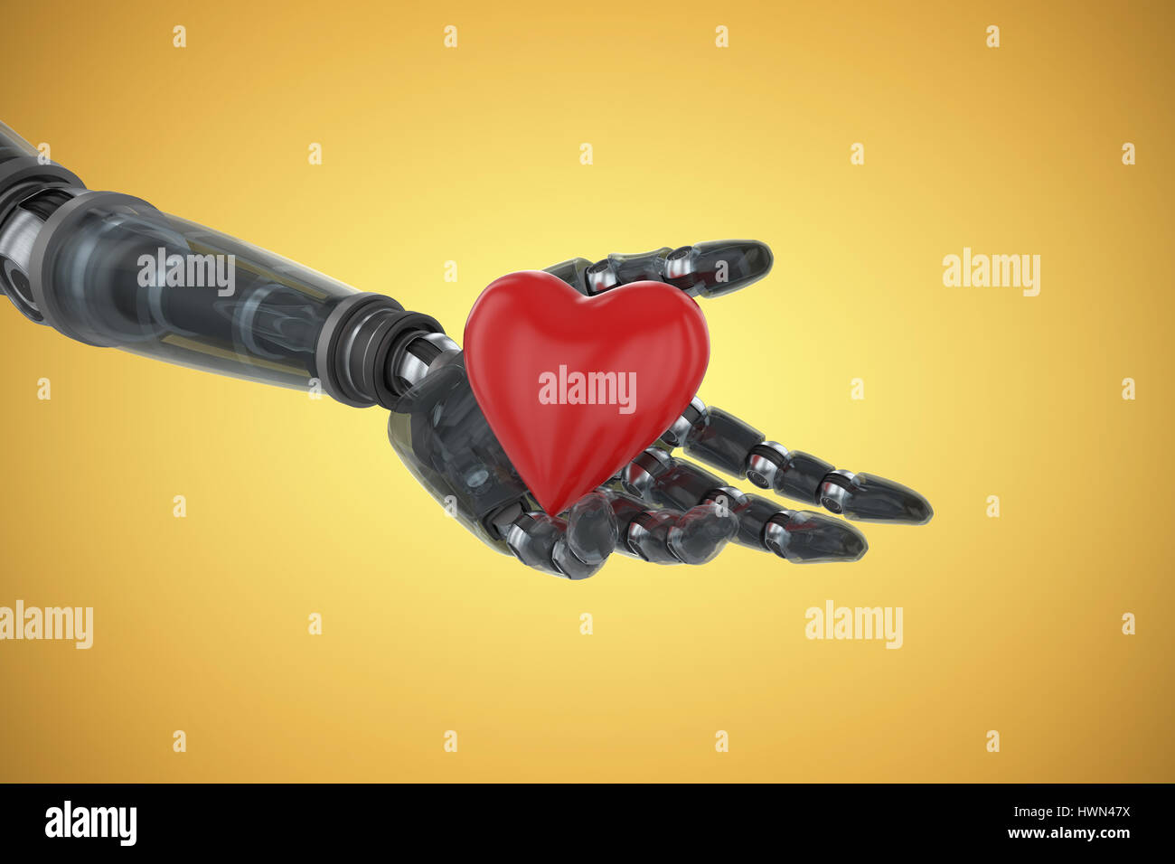 Three dimensional image of cyborg showing red heart shape against ...