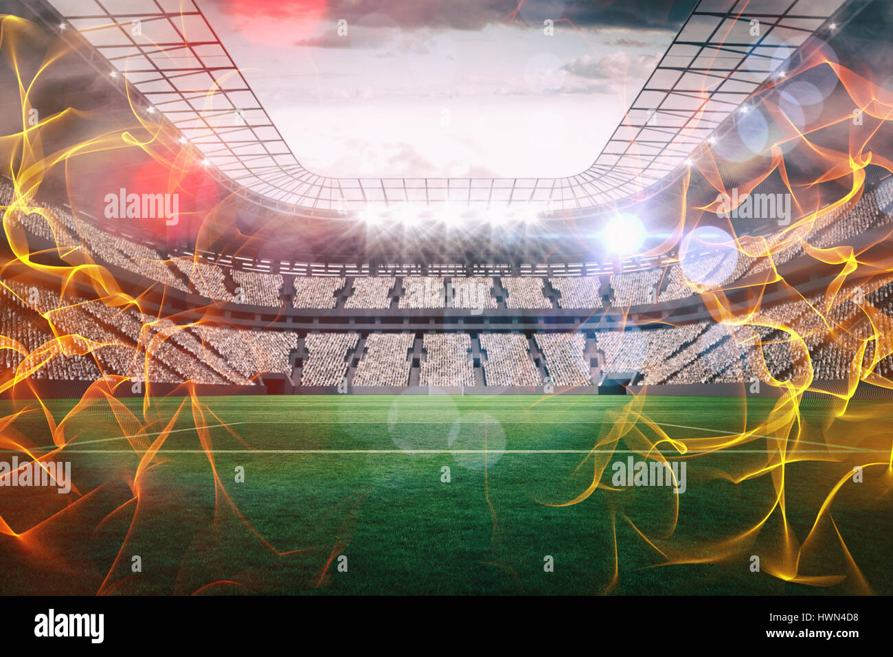 Ball of fire against large football stadium with lights 3d Stock Photo ...
