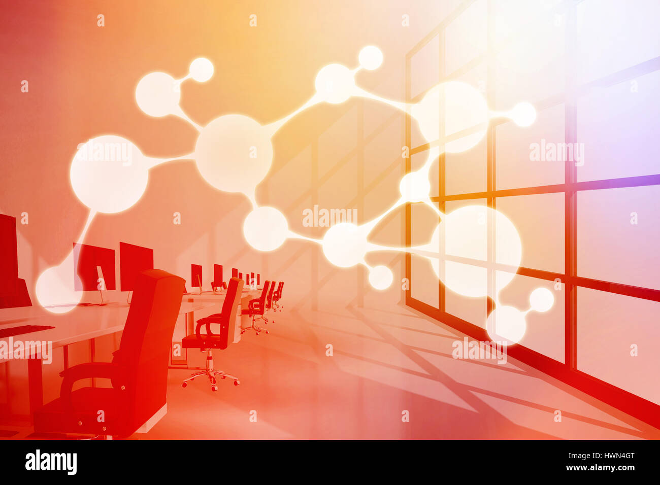 Digital composite image of molecular structure against computers in ...