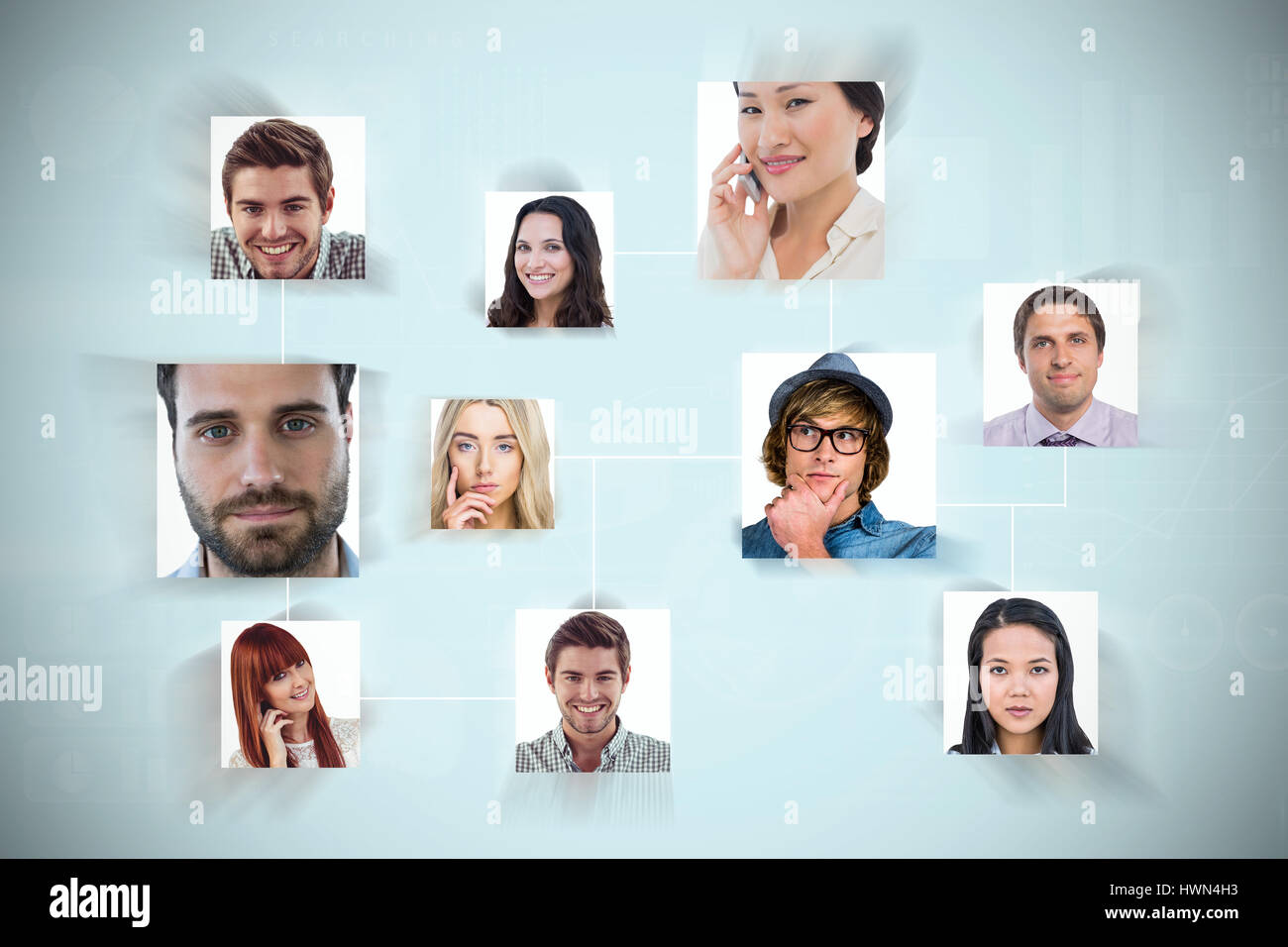 Connection between people against blue background Stock Photo - Alamy