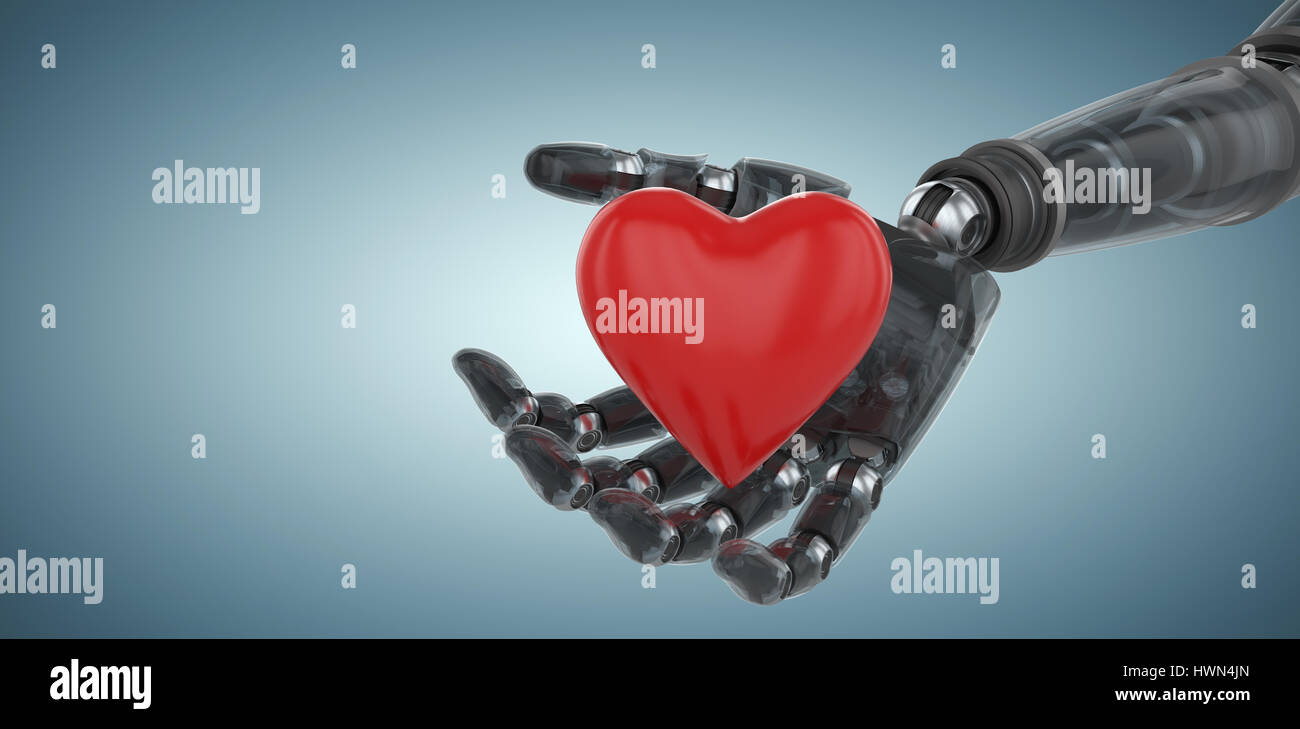 Three dimensional image of cyborg showing red heart shape against grey ...