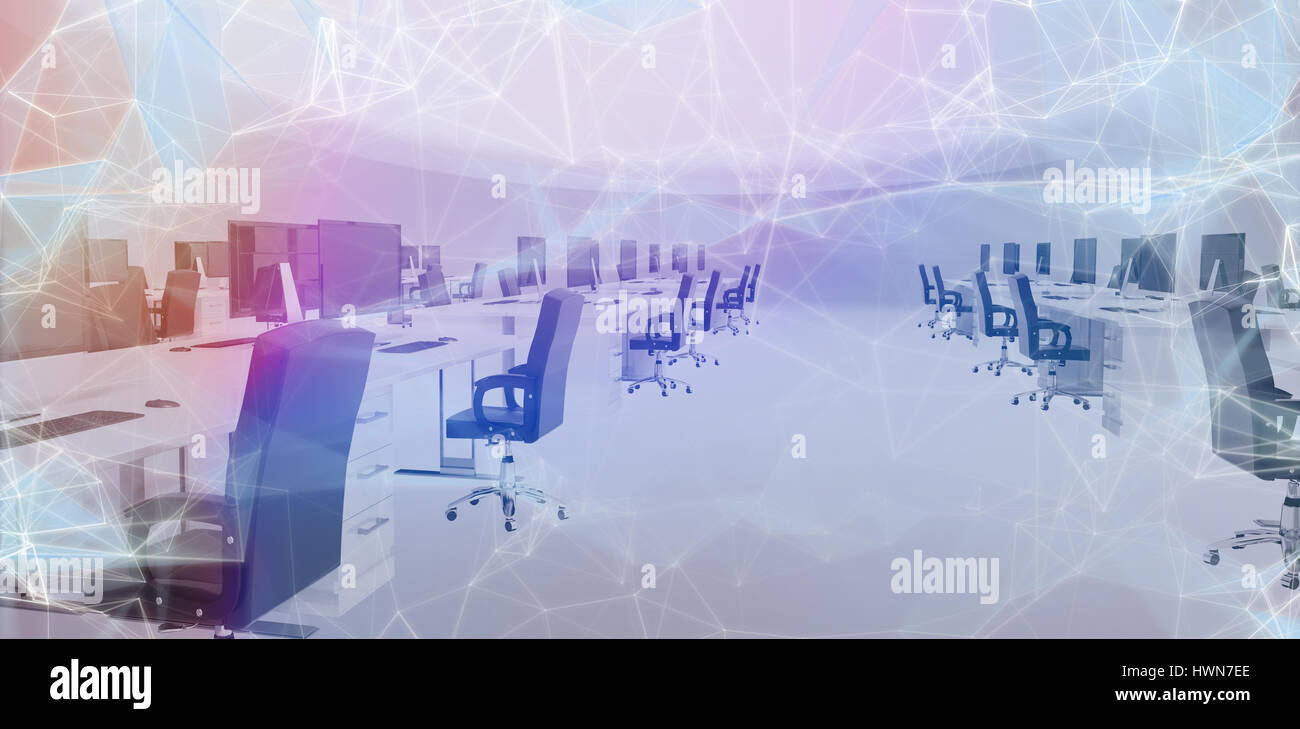 Black background with shades against empty office with desks and ...