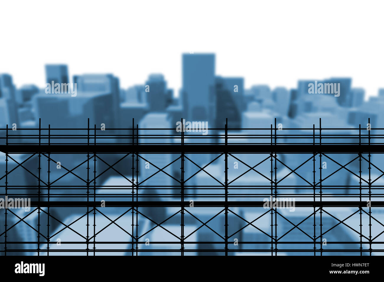 3d image of construction scaffolding against graphic image of cityscape ...