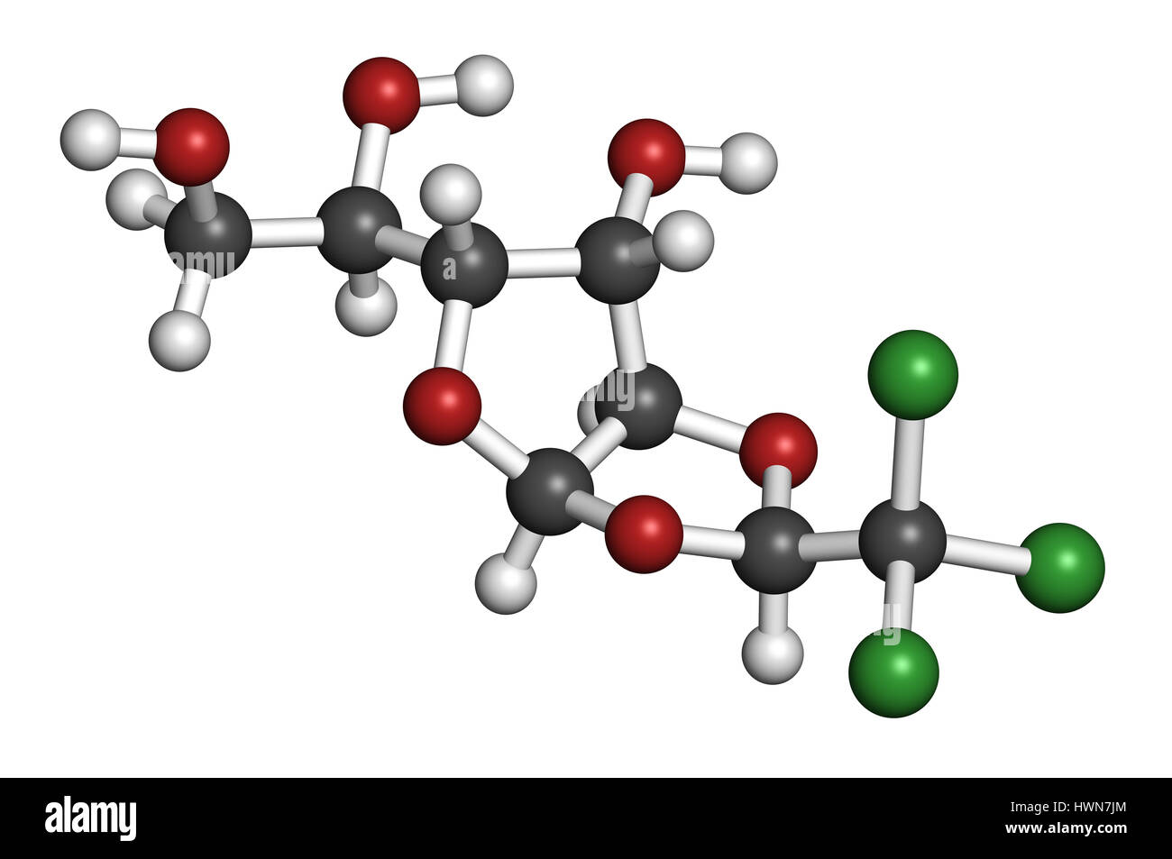 Chloralose rodenticide molecule. 3D rendering. Atoms are represented as ...