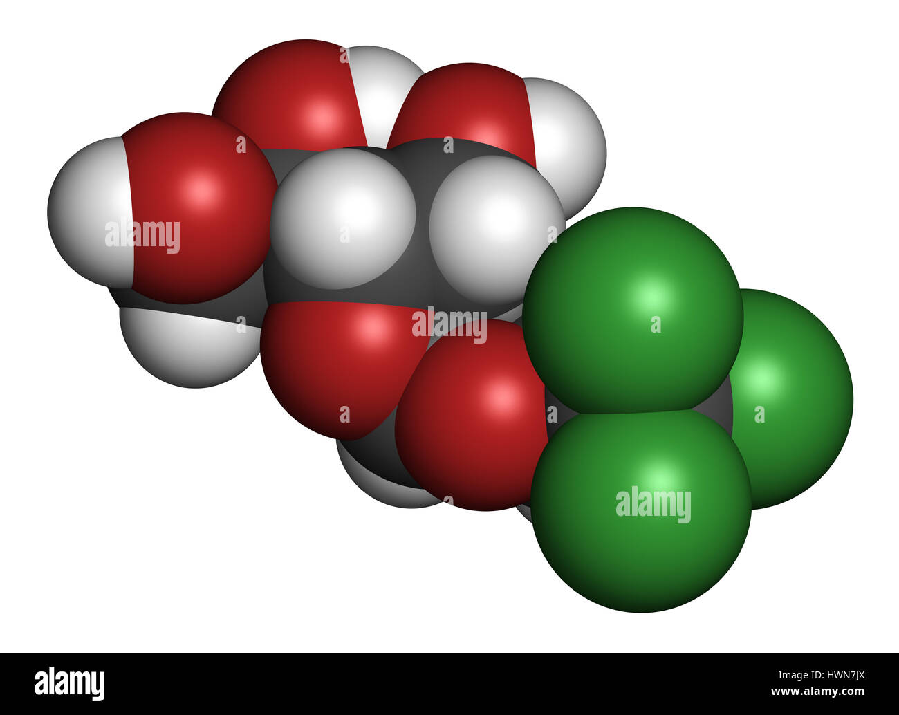 Chloralose rodenticide molecule. 3D rendering. Atoms are represented as ...