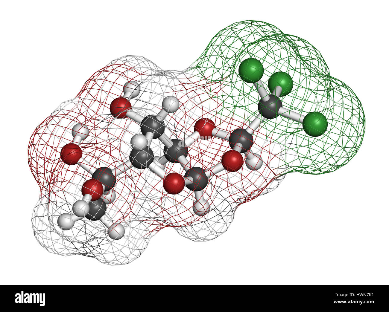 Chloralose rodenticide molecule. 3D rendering. Atoms are represented as ...