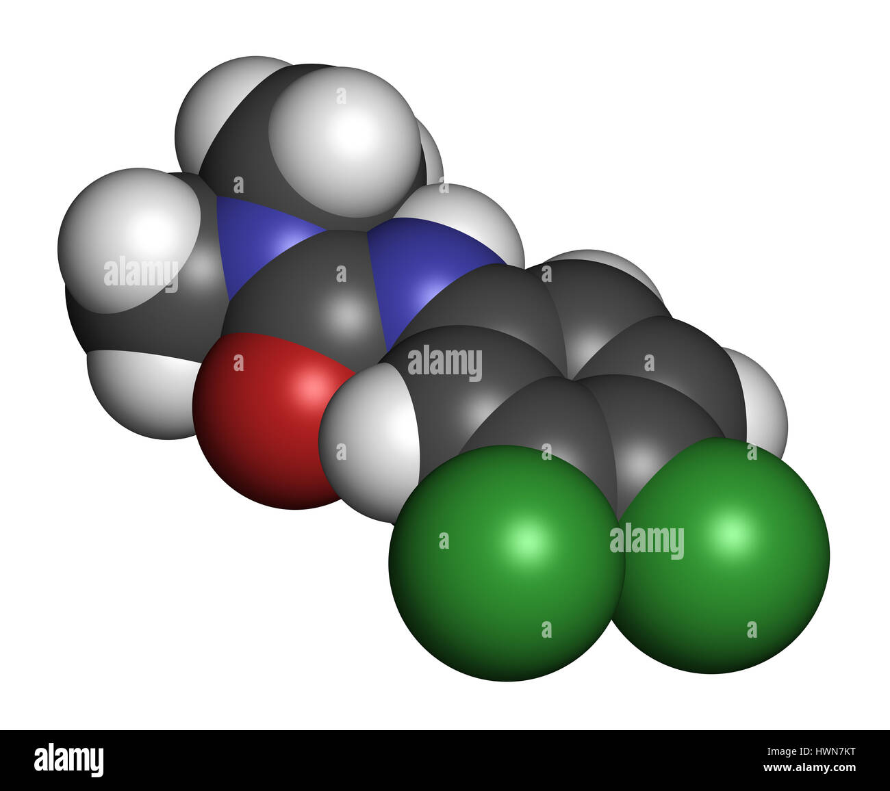 Diuron (DCMU) herbicide molecule. 3D rendering. Atoms are represented ...