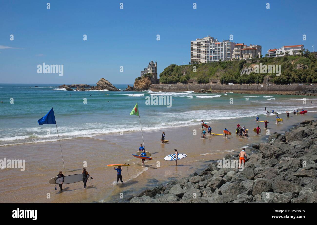 France, Pyrennees Atlantique, Basque Country, Biarritz, surfers and ...