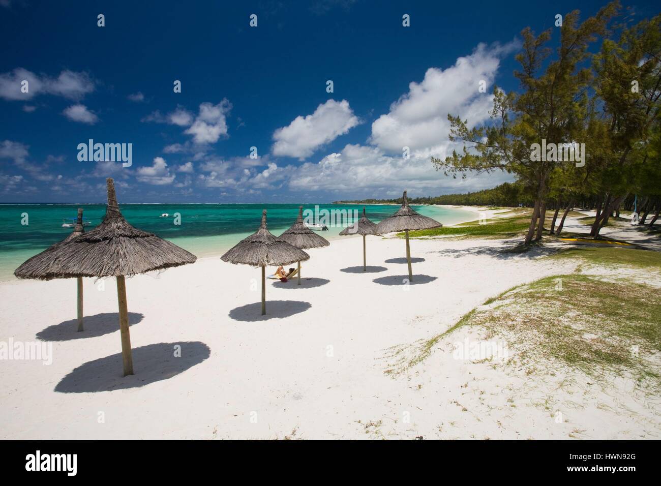 Mauritius, Eastern Mauritius, Belle Mare, beach umbrellas Stock Photo ...
