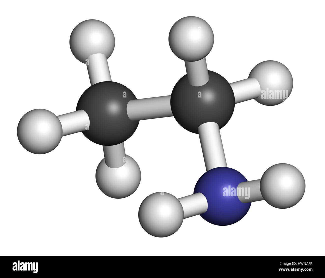 Ethylamine organic base molecule. 3D rendering. Atoms are represented ...