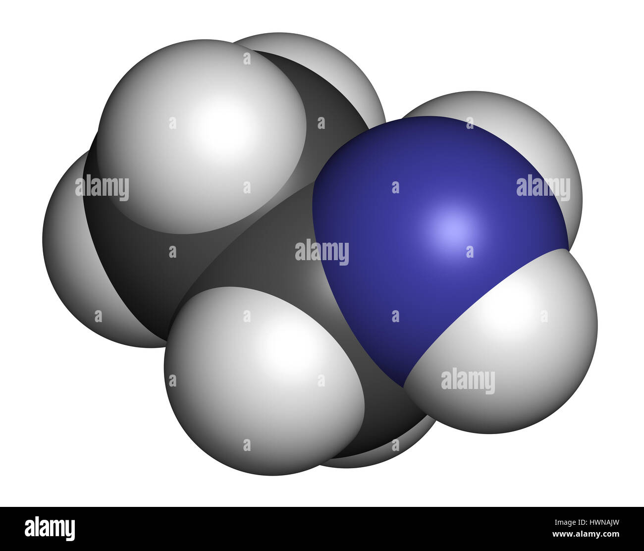 Ethylamine organic base molecule. 3D rendering. Atoms are represented ...