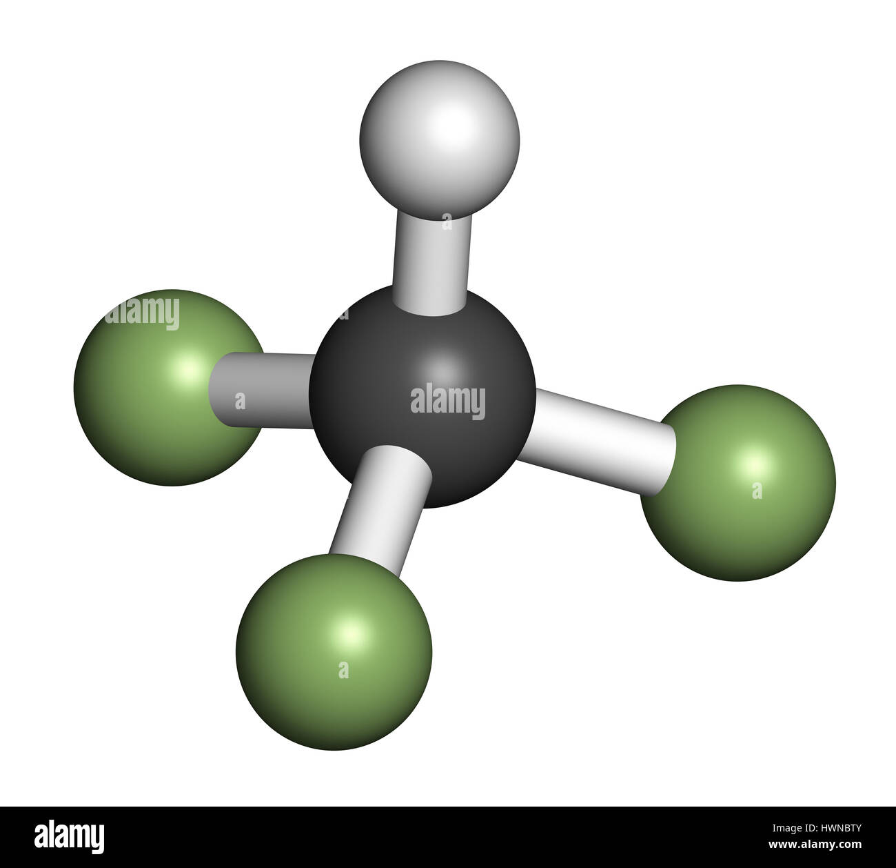 Fluoroform greenhouse gas molecule. 3D rendering. Atoms are represented ...