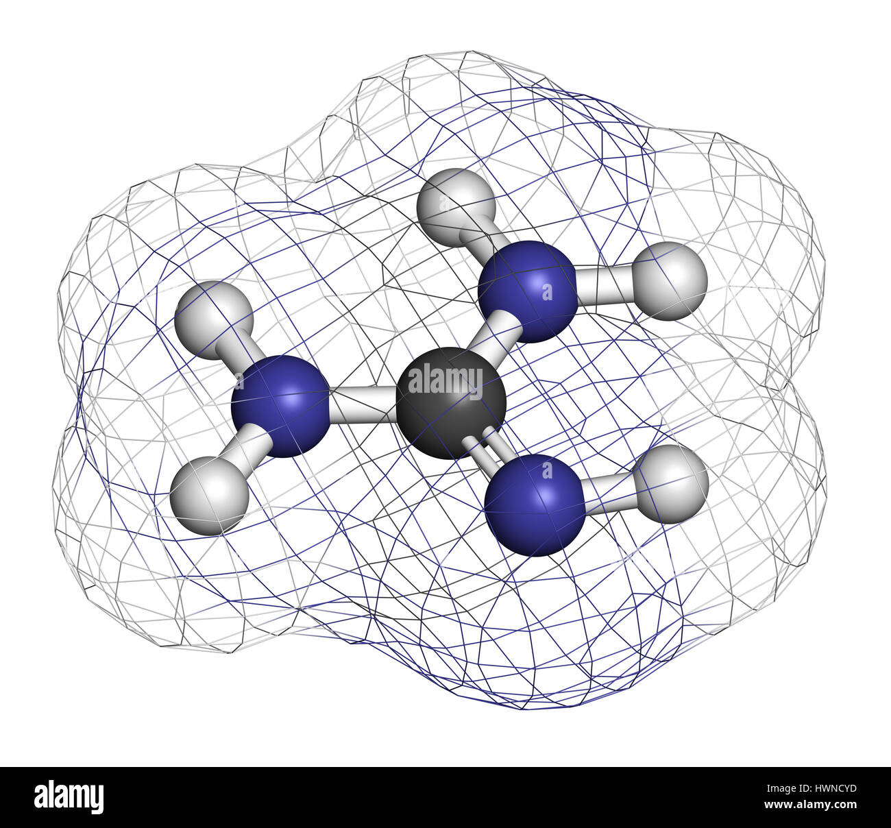 Guanidine molecule. 3D rendering. Atoms are represented as spheres with ...